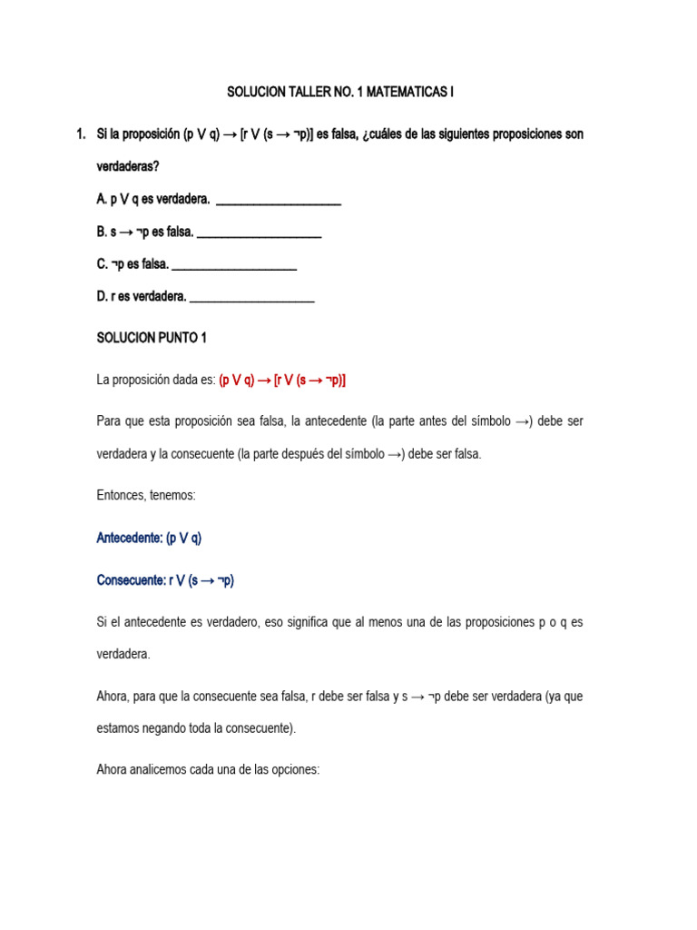 Solucion Taller No 1 | PDF | Proposición | Verdad
