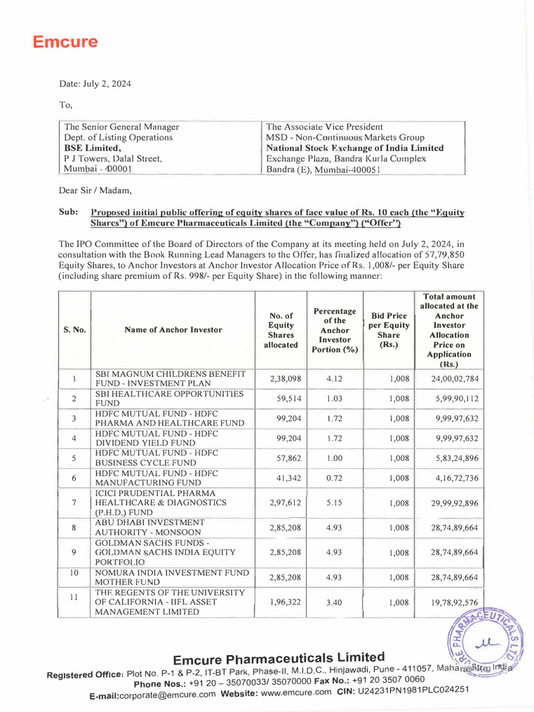 Emcure Pharmaceuticals Ltd_Anchor Intimation Letter_BSE & NSE | PDF ...