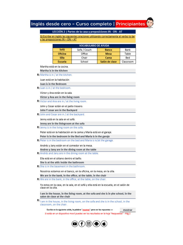 Lección 2 - Partes de La Casa y Preposiciones in On at | PDF ...