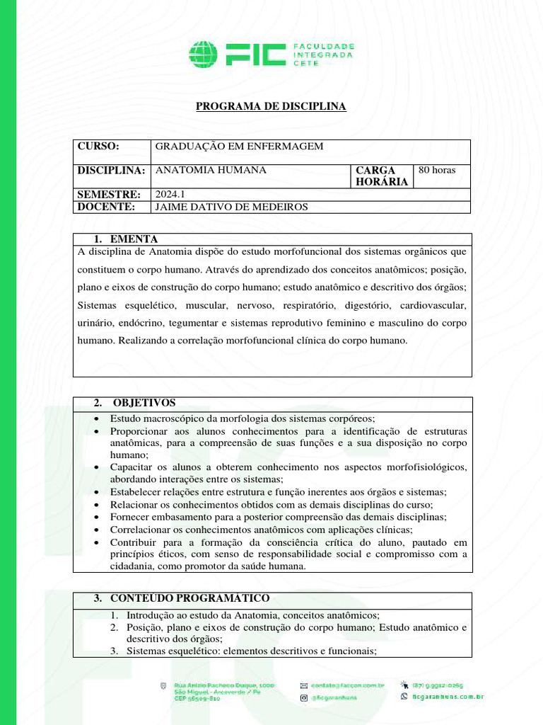 Programa de Disciplina_Anatomia_2024.1_Profº_Jaime_Dativo (1) | Download grátis PDF | Corpo ...