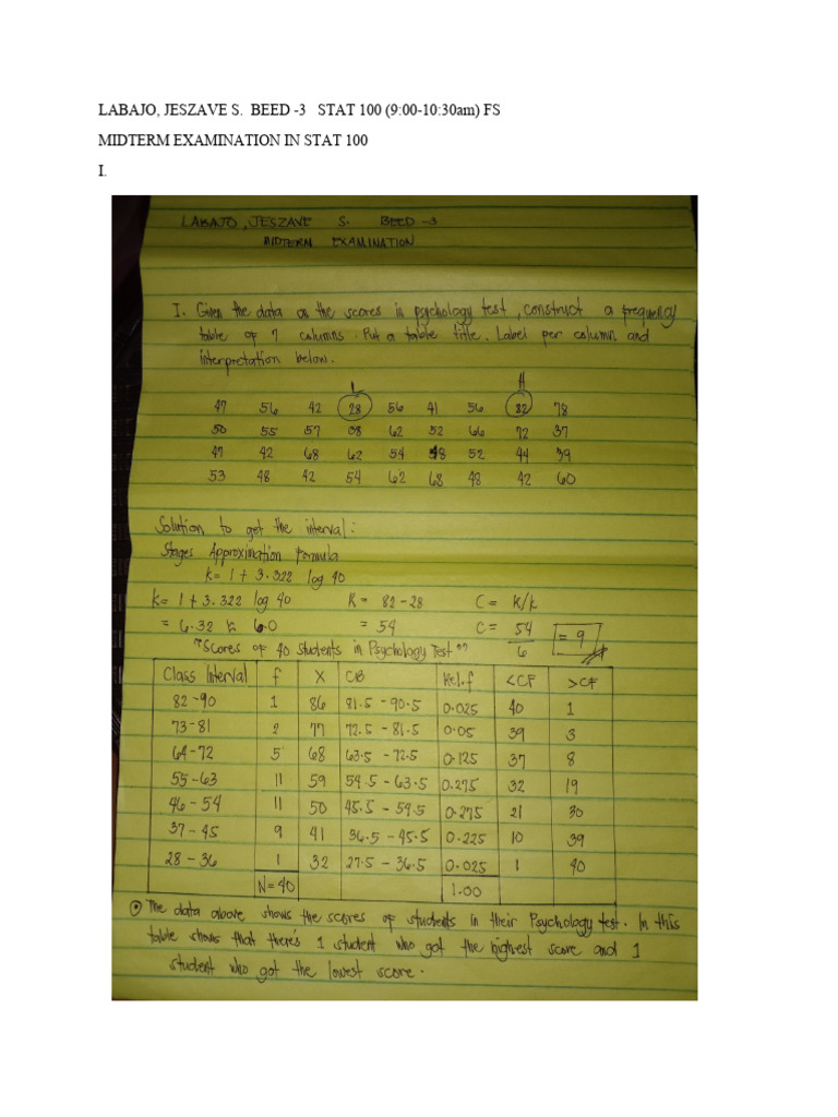 LABAJO, JESZAVE S. BEED - 3 STAT 100 (9:00-10:30am) FS Midterm Examination in Stat 100 I | PDF ...