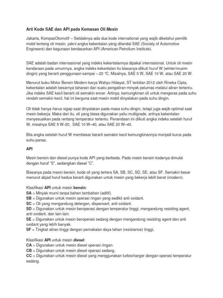 Arti Kode SAE Dan API Pada Kemasan Oli Mesin | PDF | Teknologi & Rekayasa