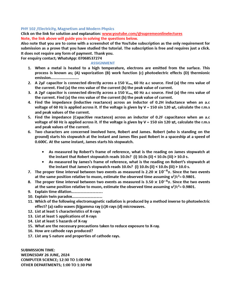 PHY 102 Assignment - B.J. EKAH | PDF | Capacitor | Inductor