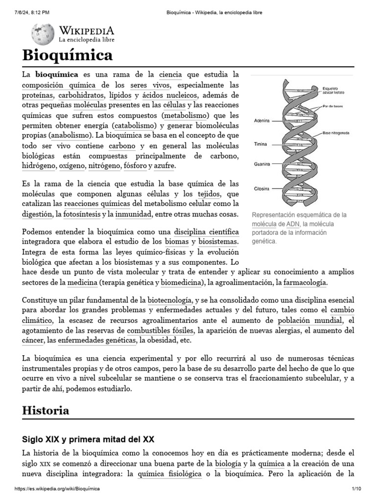 Bioquímica - Wikipedia, La Enciclopedia Libre | PDF | Bioquímica | Química