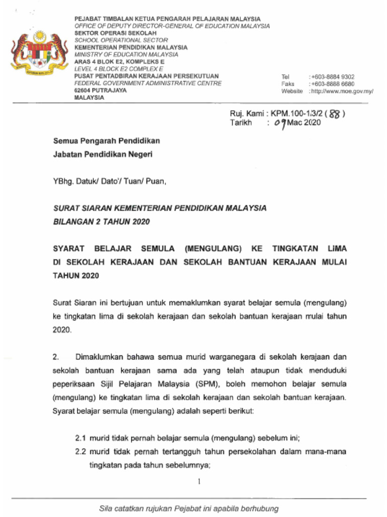 Surat Siaran KPM Bilangan 2 Tahun 2020 Syarat Belajar Semula Mengulang ...