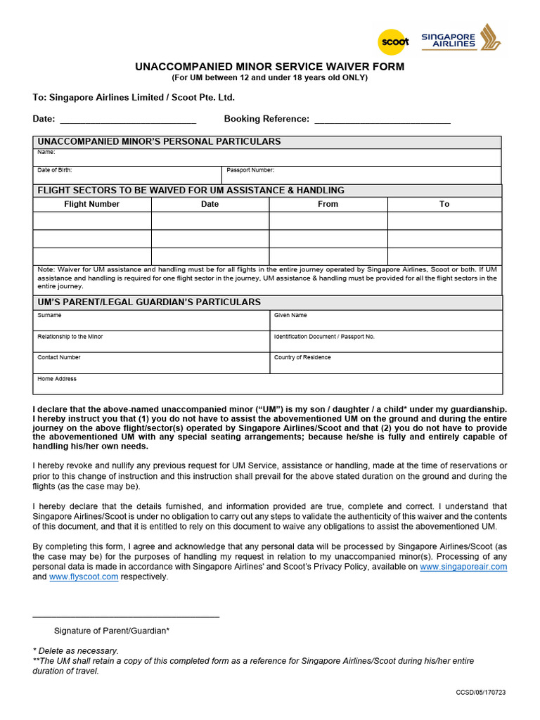 Singapore Airlines UM Waiver Form | PDF | Government And Personhood