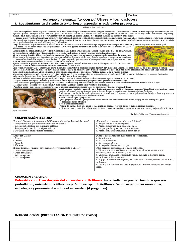 MOODLE ACTIVIDAD REFUERZO LA ODISEA Lecturas POLIFEMO Y ULISES LAS ...
