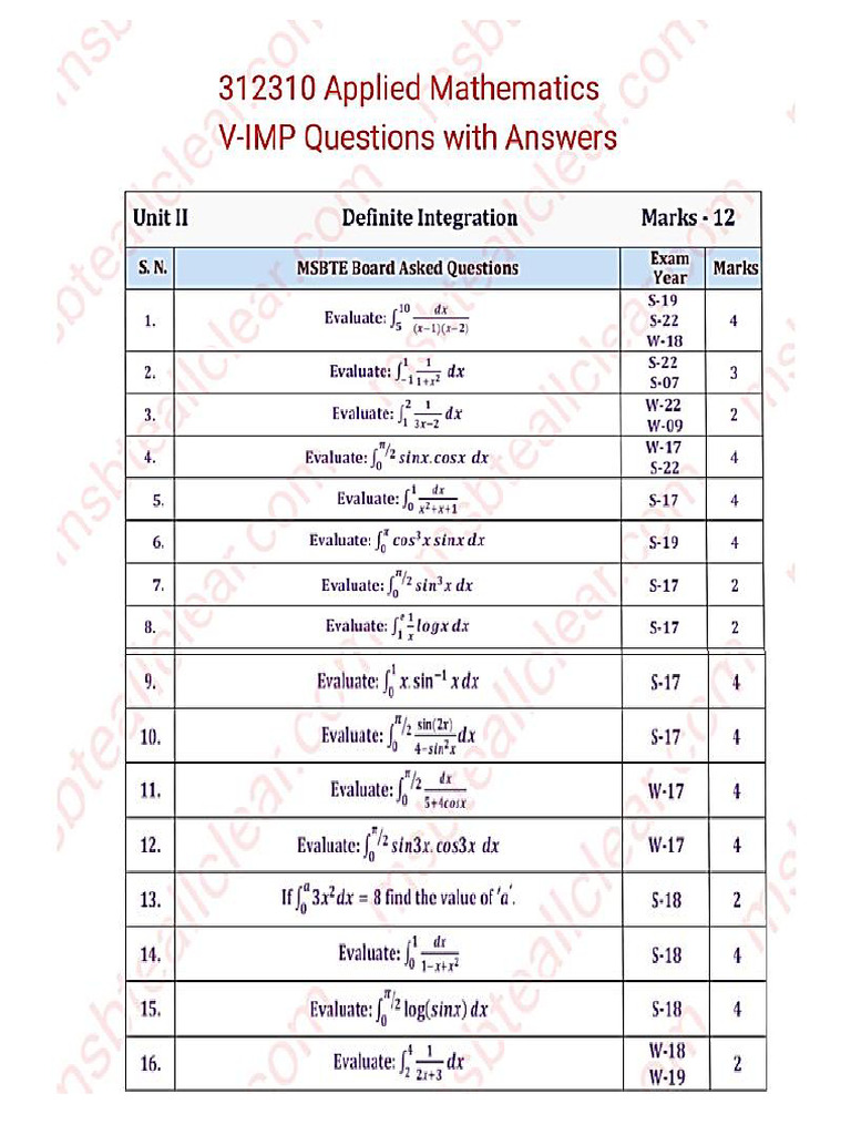 Pyq Onunit Ii Definite Integration Pdf 5578