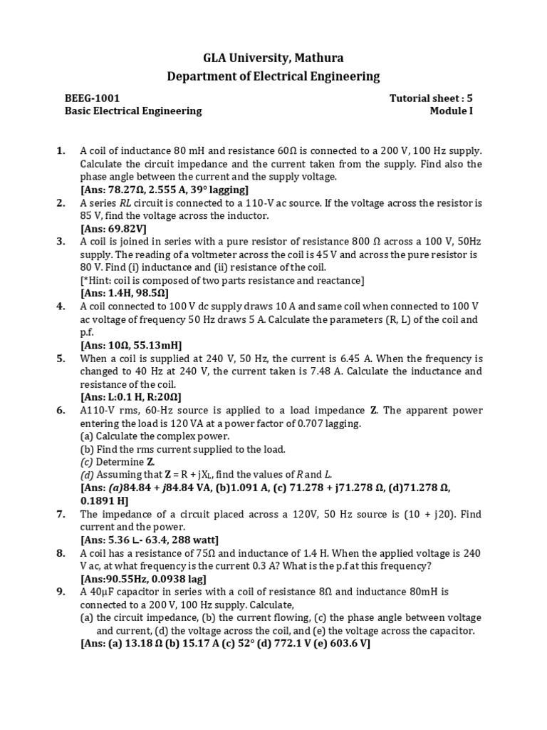 Tutorial Sheet 5 | Download Free PDF | Inductor | Electrical Impedance