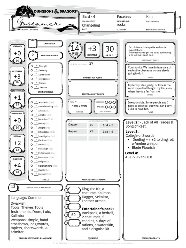 Gossamer Character Sheet PDF | PDF