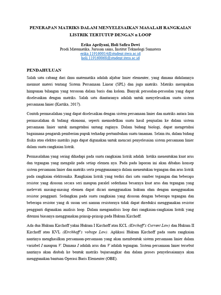 PENERAPAN MATRIKS DALAM MENYELESAIKAN MASALAH RANGKAIAN LISTRIK ...