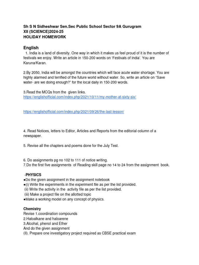 XII Science Holiday Homework 2024-25 | PDF