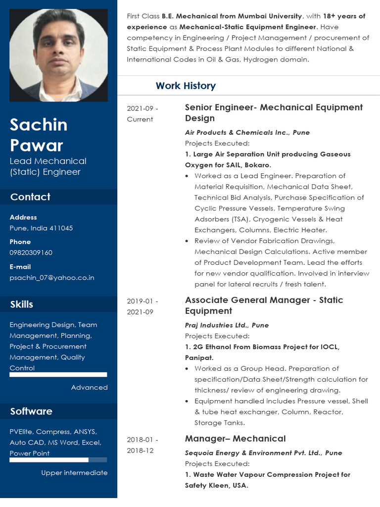 Sachin Pawar Resume | PDF | Heat Exchanger | Specification (Technical Standard)