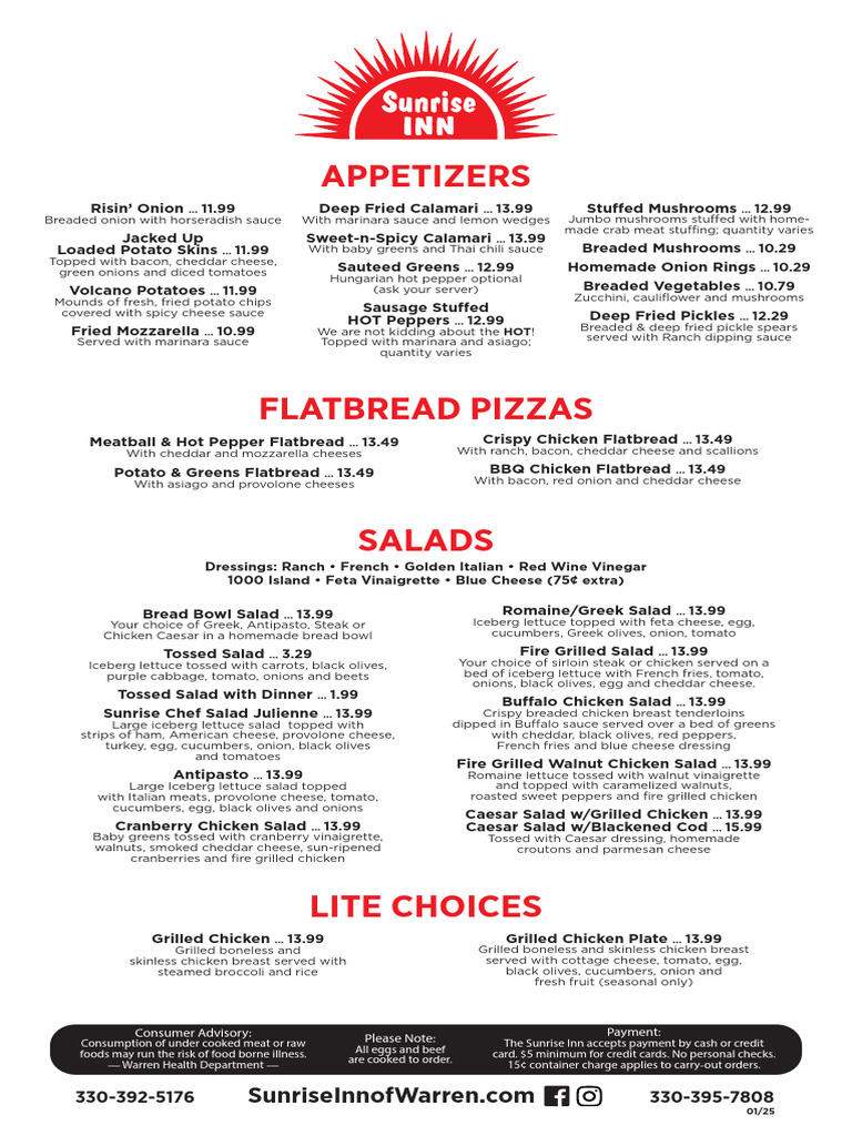 Sunrise Inn Warren Menu 01 24 - R | PDF | Salad | Pizza