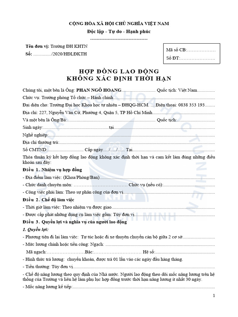 Mau 1.1 HDLD KhongXDThoiHan | PDF