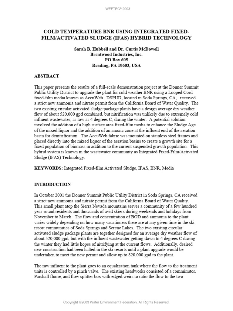 Cold Temperature BNR Using Integrated Fixedfilm - Activated Sludge ...