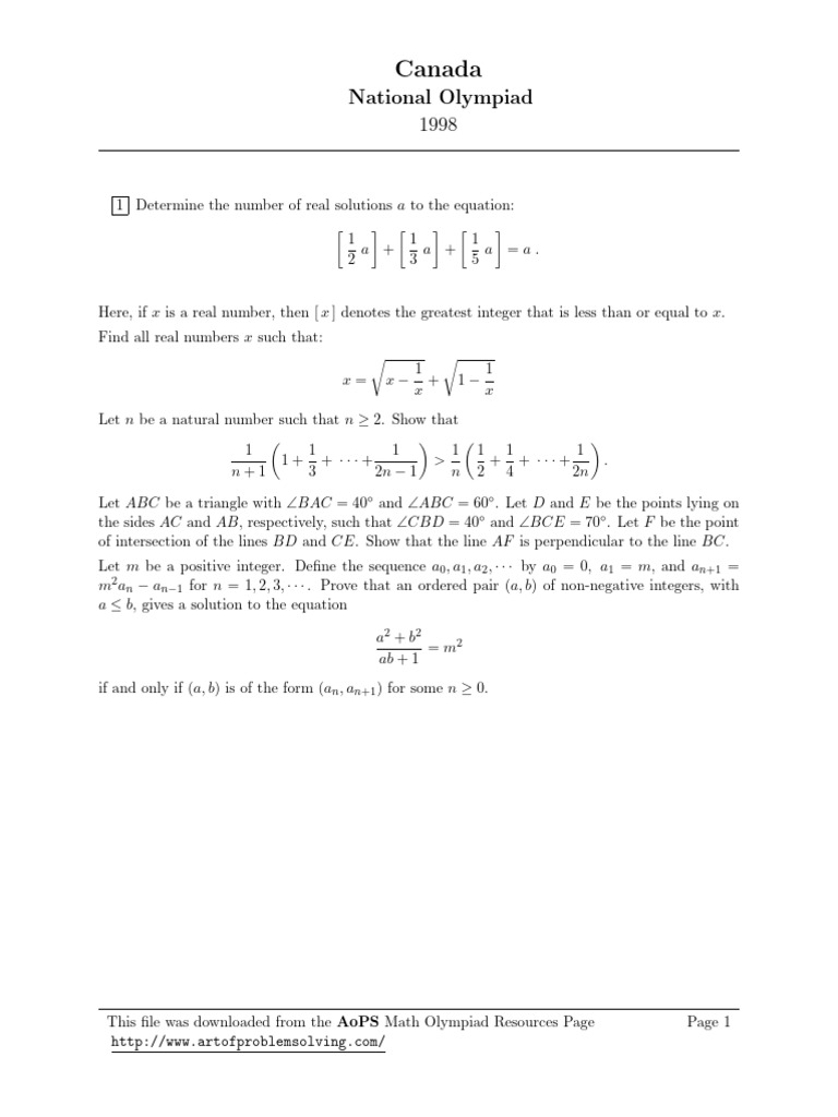 Canada National Olympiad 1998 Problems | PDF