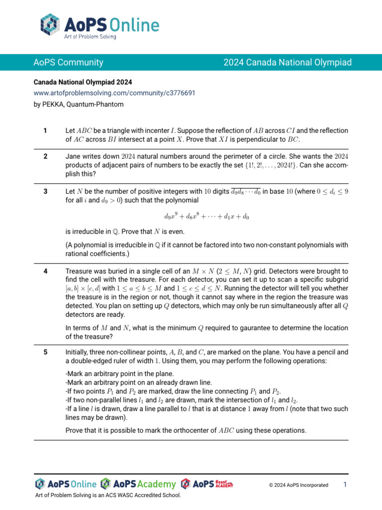 Canada National - Olympiad 2024 51 | PDF | Abstract Algebra | Classical ...