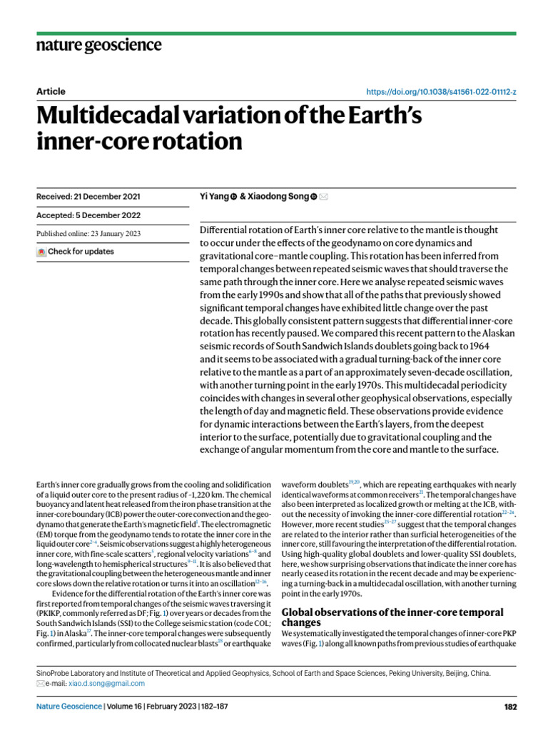 Inner Core Rotation Dynamics Explained | PDF | Planetary Core | Geophysics