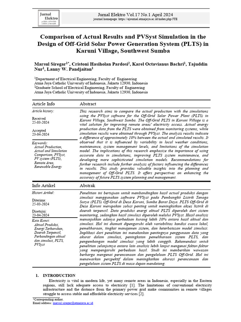 Comparison of Actual Results and Pvsyst Simulation in The Design of Off-Grid Solar Power ...