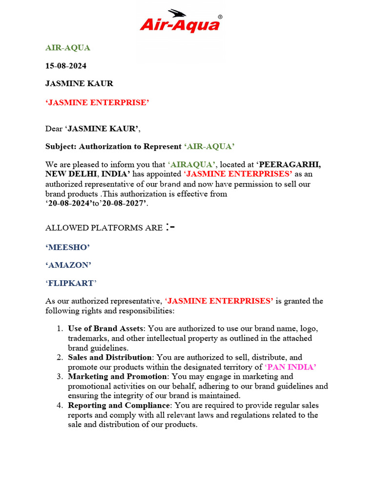 Brand Authorisation Letter | PDF