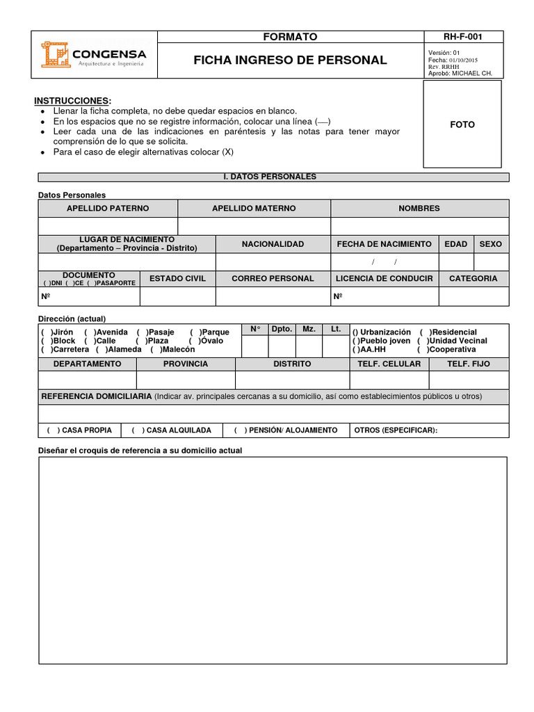 Ficha de Ingreso de Personal CONGENSA 01-2020 | PDF | Documento de ...