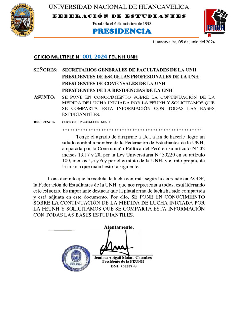 Oficio Multiple 001-2024-Feunh-Unh | PDF