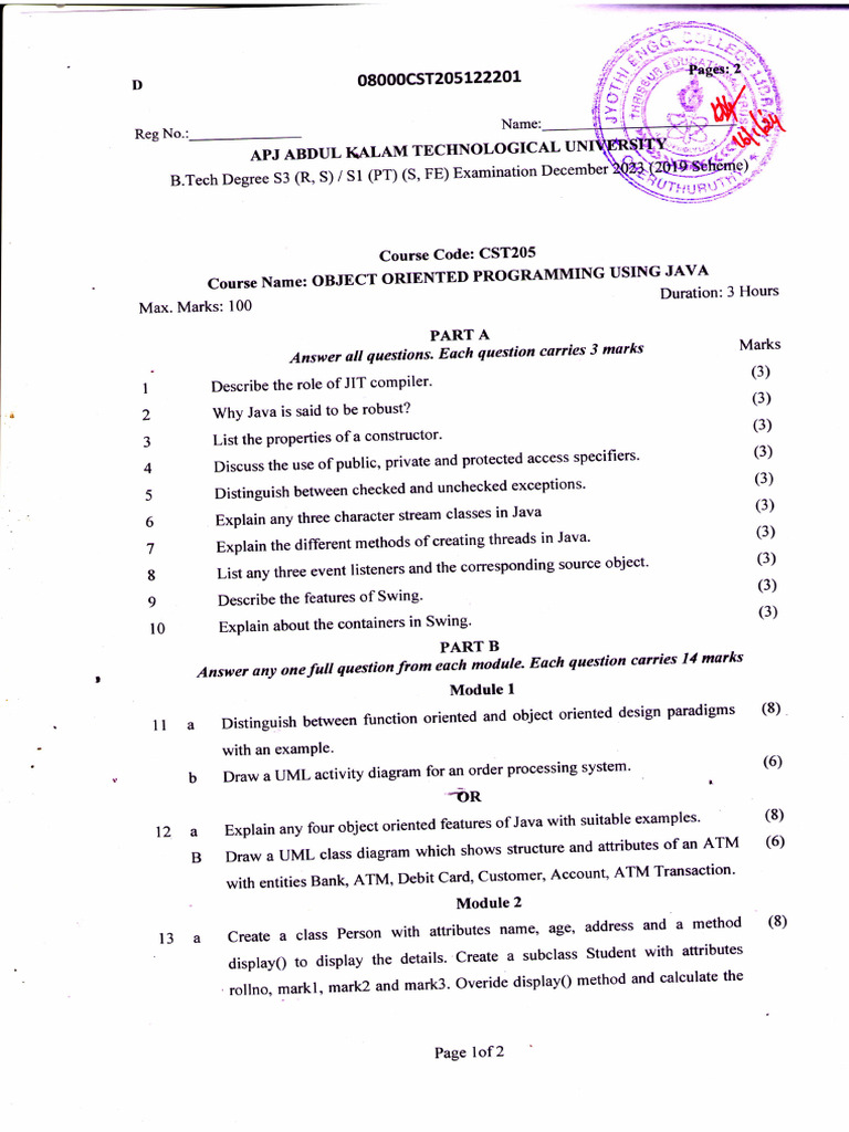 CST205 Object Oriented Programming Using Java, December 2023 | PDF | Method (Computer ...