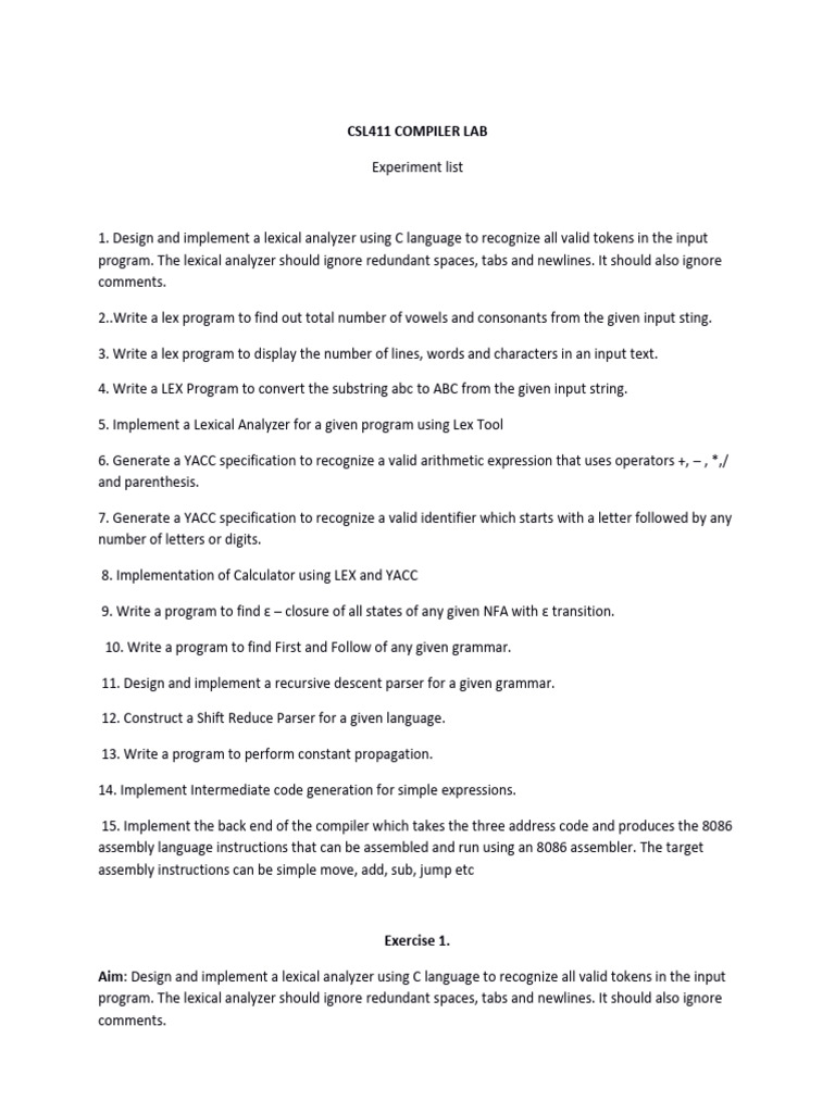 Lab Manual - Compiler Lab CSL411 Manual 2022 | PDF | Parsing | Computer Science
