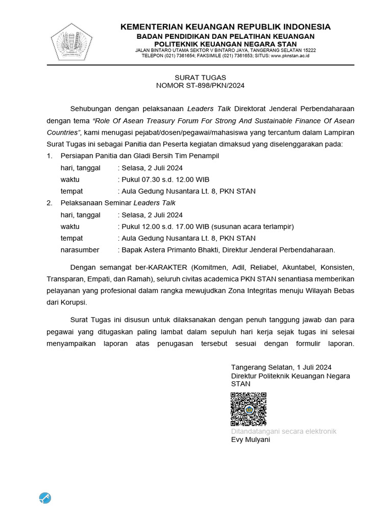 Penugasan Panitia Dan Peserta Leaders Talk - Role of ASEAN Treasury Forum For Strong and Sust | PDF