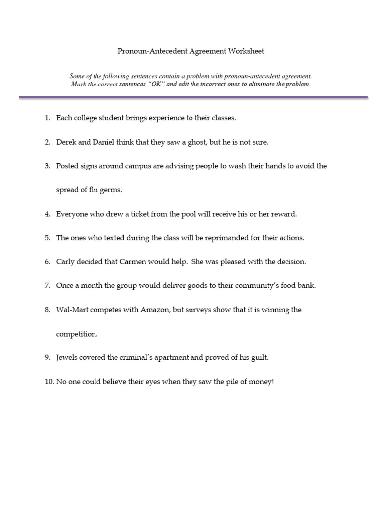 Pronoun-Antecedent Agreement Worksheet | PDF