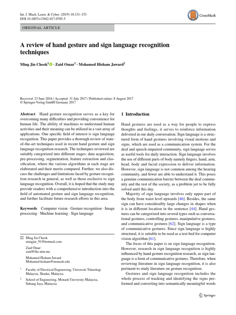 A Review of Hand Gesture and Sign Language Recognition Techniques | PDF ...