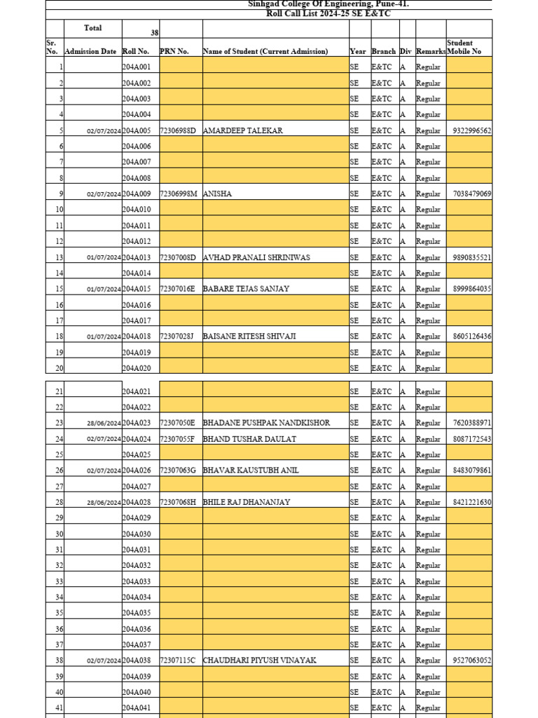03 July 2024 E - TC Dept Roll List 2024-25 Ok | PDF