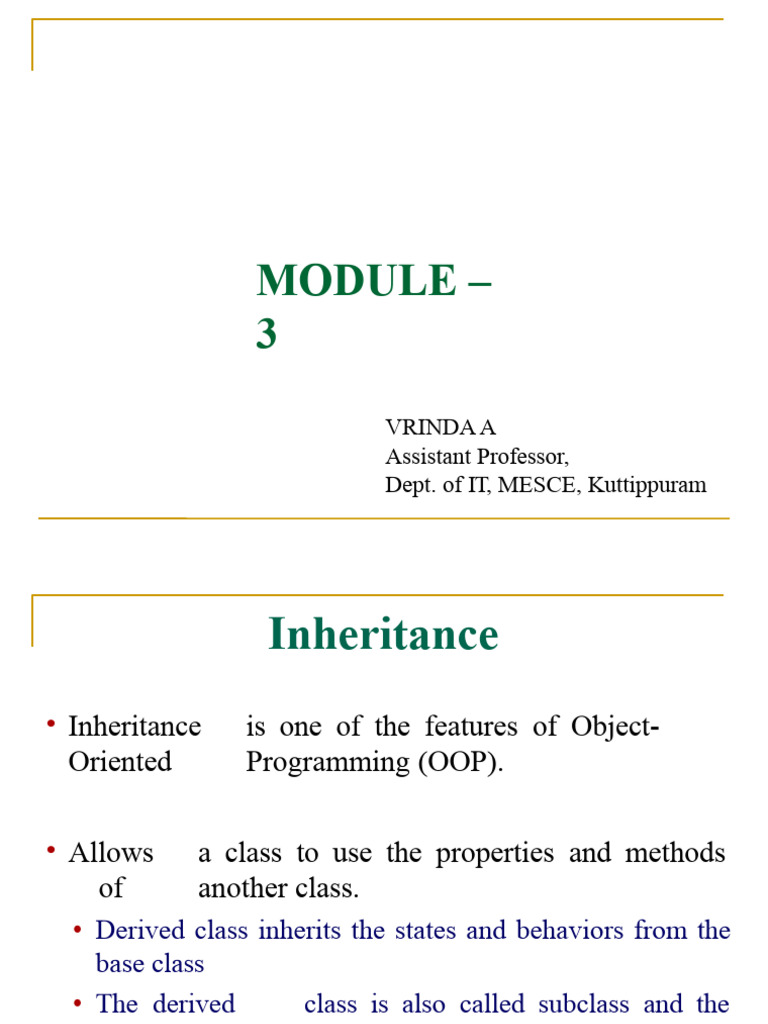 Module - 3: Vrinda A Assistant Professor, Dept. of IT, MESCE, Kuttippuram | PDF | Inheritance ...