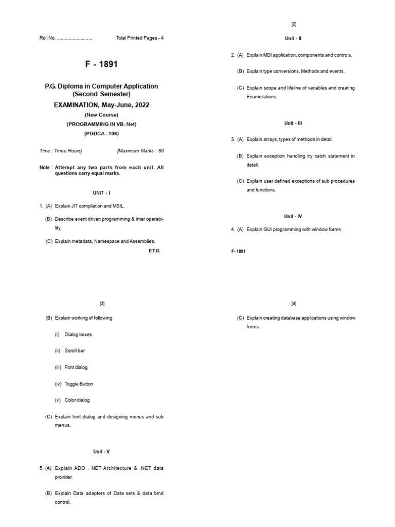 Pgdca 2 Sem Programming In Vb Net Pgdca 106 F 1891 Jun 2022 Pdf Computer Programming Computing 2358