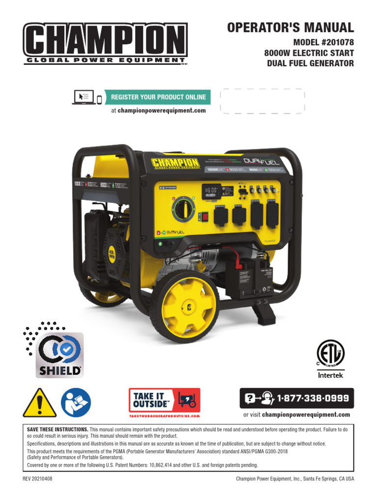 Champion Generator 201078 Operator Manual | PDF | Liquefied Petroleum ...