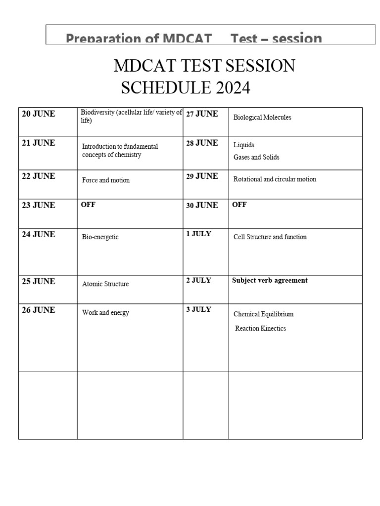 MDCAT TEST SESSION Schedule 20 June | PDF | Chemistry | Biology