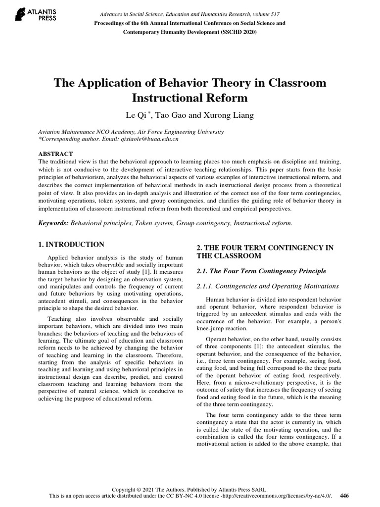 The Application of Behavior Theory in Classroom Instructional Reform ...
