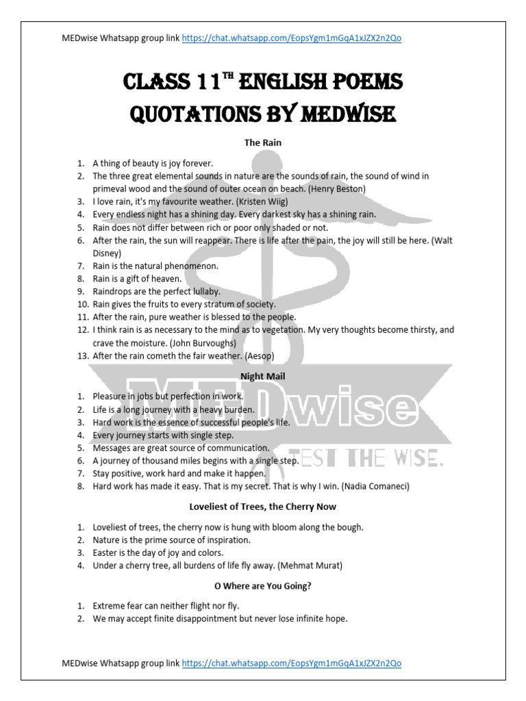 Class 11th English Poems Quotations by MEDwise | PDF | Love | God