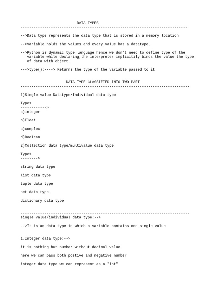 DATA TYPES Day 1 Notes | PDF | Data Type | Integer (Computer Science) DATA TYPES Day 1 Notes | PDF | Data Type | Integer (Computer Science)