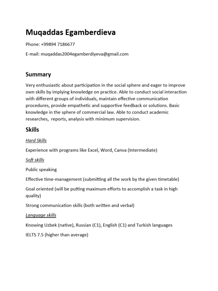 Muqaddas Egamberdieva: Hard Skills | PDF