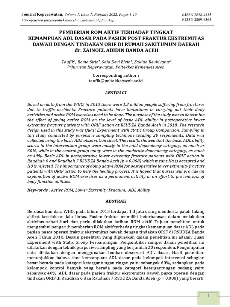 PENGARUH PEMBERIAN ROM AKTIF TERHADAP TINGKAT KEMAMPUAN ADL DASAR PADA PASIEN POST FRAKTUR ...
