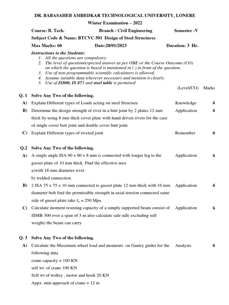 Steel Structures Exam Paper 2022 | PDF | Rivet | Crane (Machine)