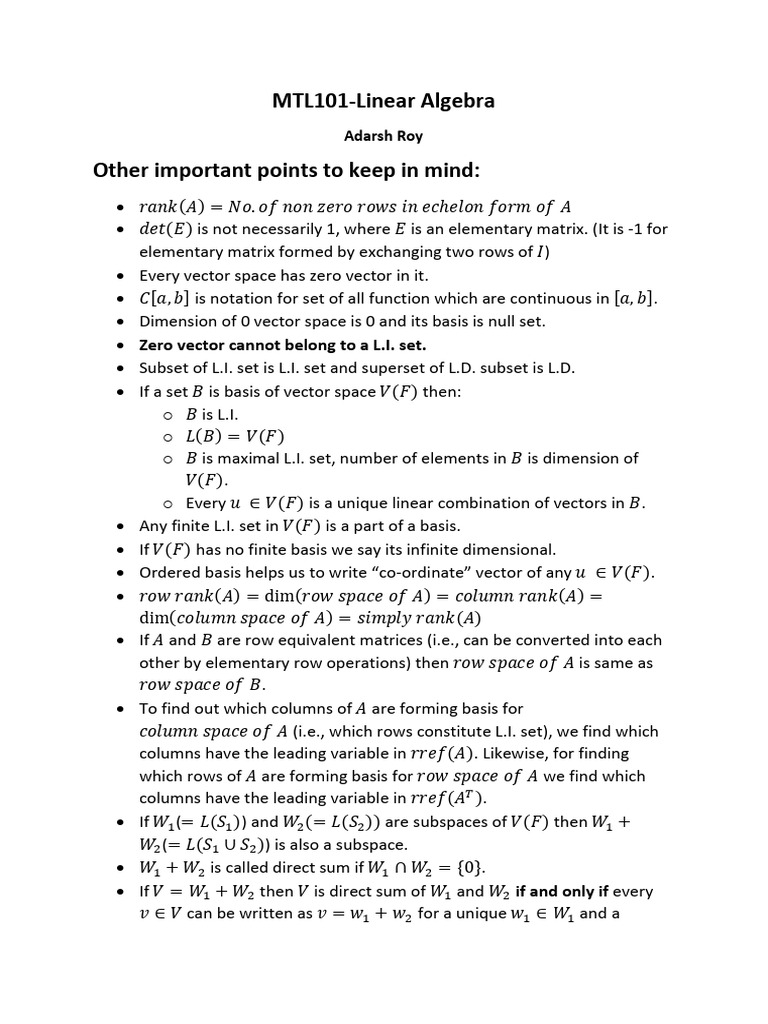 LinAlg Other Imp Points | PDF | Eigenvalues And Eigenvectors | Matrix ...