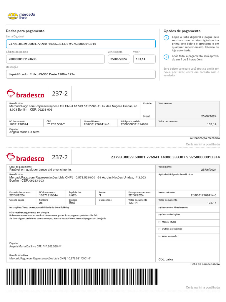 Boleto de Pagamento Philco R$133,14 | PDF