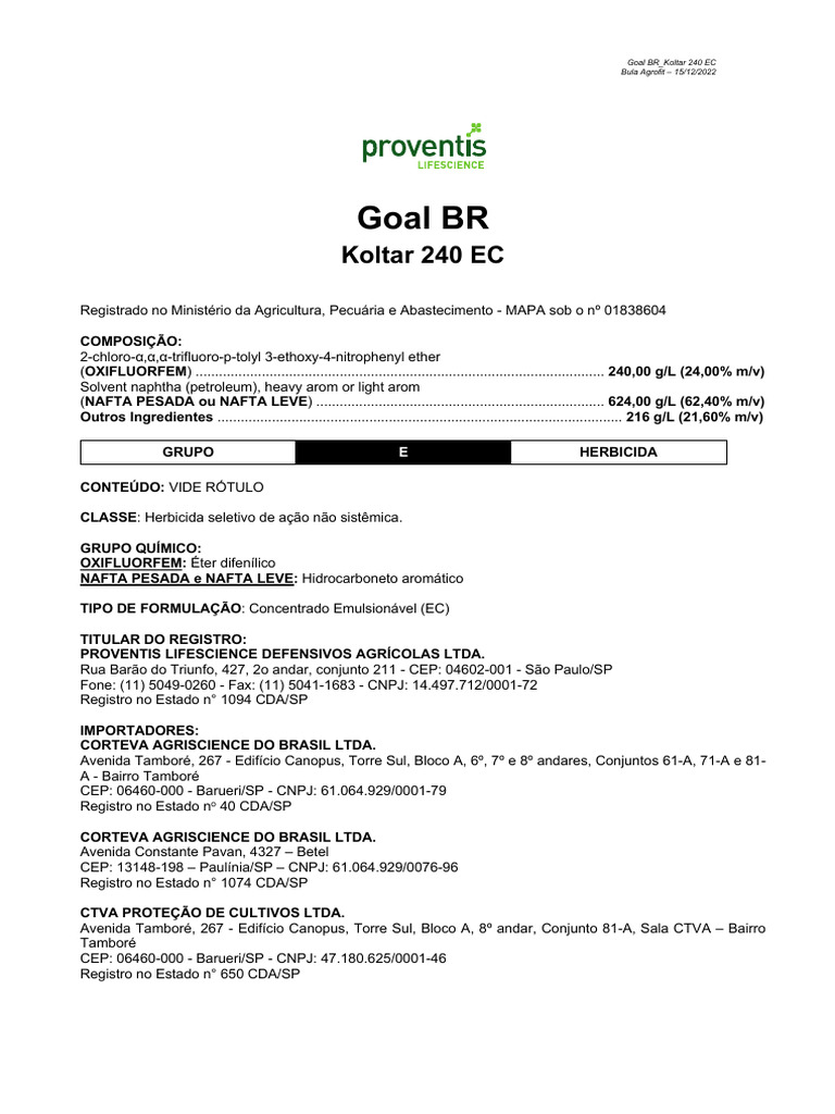 Bula do Herbicida Goal BR Koltar 240 EC | PDF | Embalagem e rotulagem ...