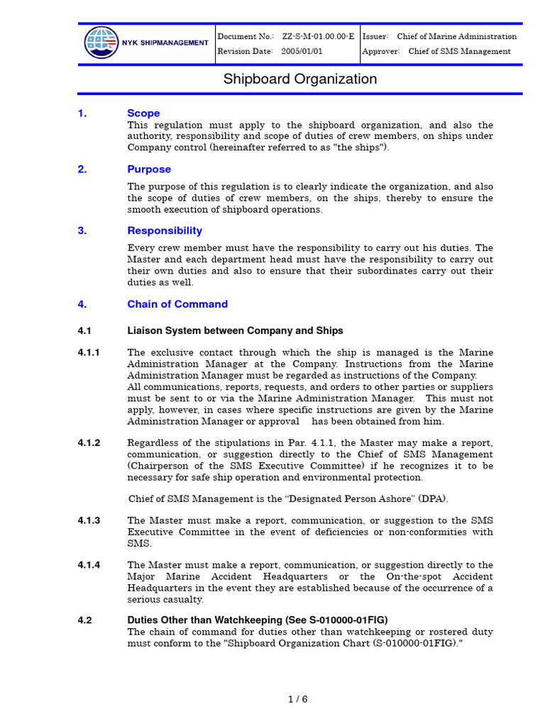 01.00.00 - ZZ-S-M-01.00.00 Shipboard Organization | PDF | Sailor | Shipping