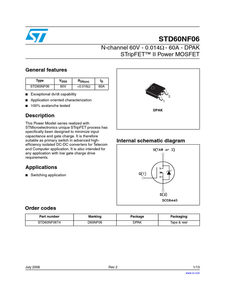 Data Sheet Mosfet D60NF06-STMicroelectronics | PDF | Electronics | Integrated Circuit