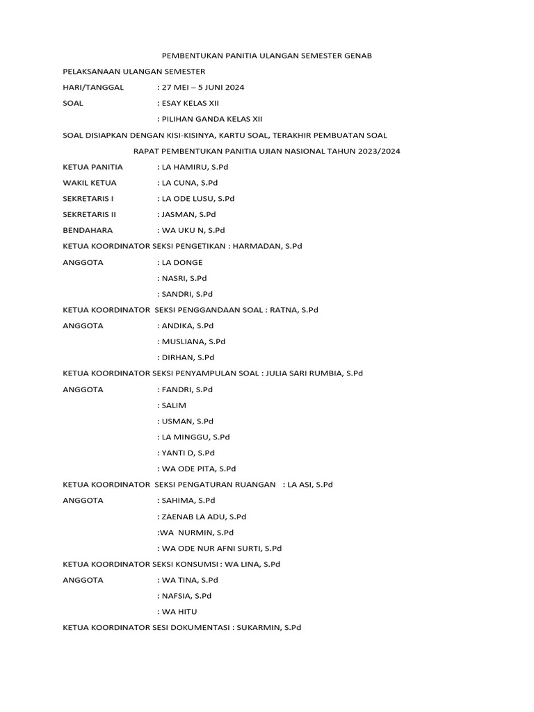 Pembentukan Panitia Ulangan Semester Genab 2024 | PDF