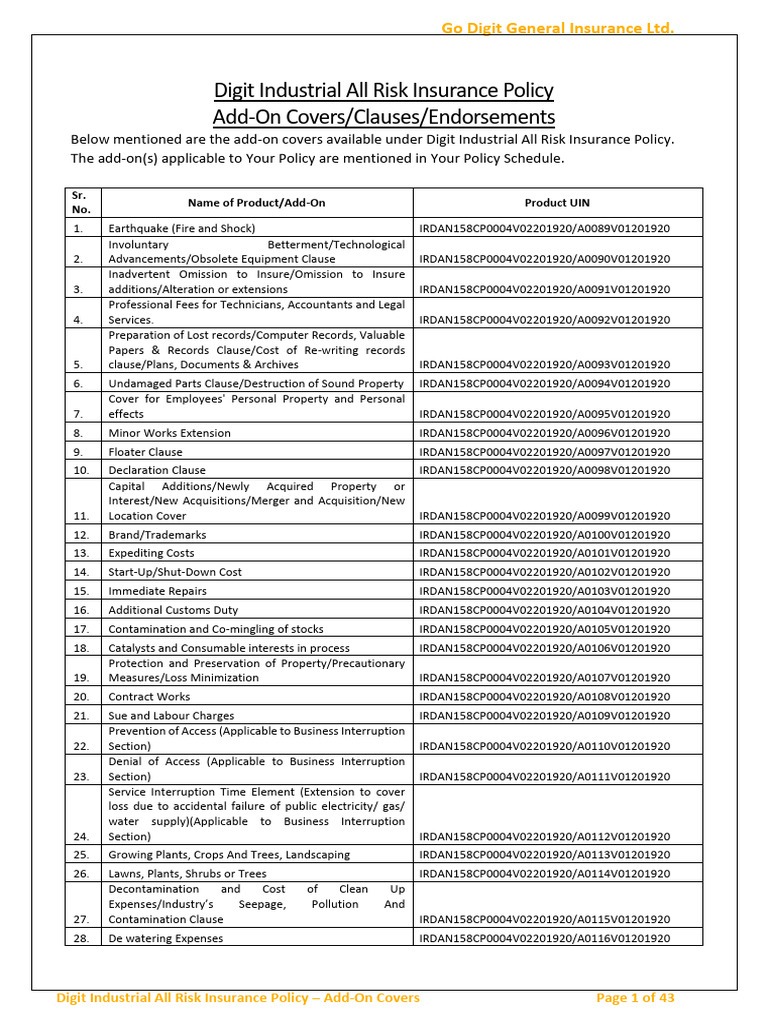 Industrial All Risk - Add On Covers | PDF | Insurance | Liability Insurance
